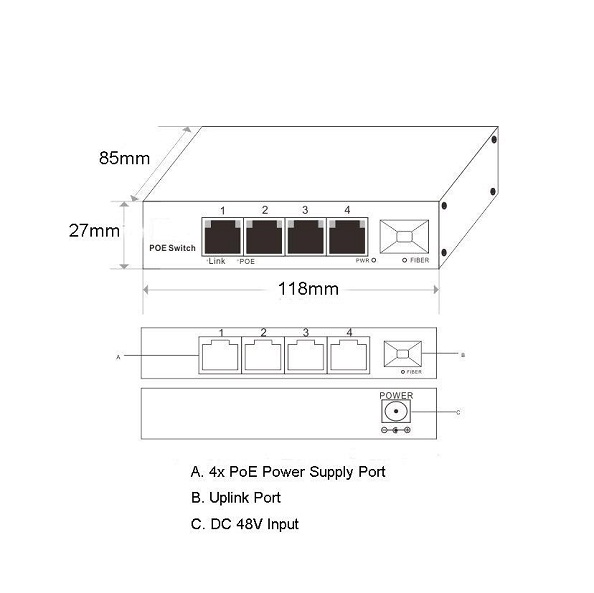 5-Port PoE Switch with 4 High Power PoE Ports and 1 SC Fiber Port - Baudcom